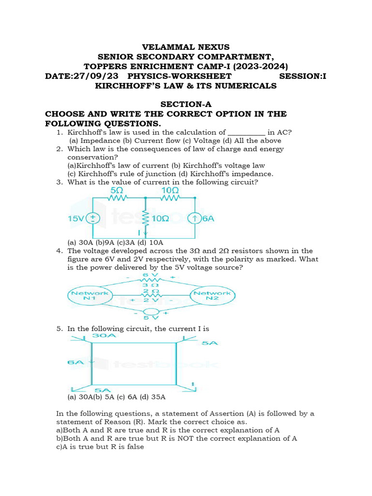12 Phy Worksheet1 | PDF | Voltage | Electrical Network