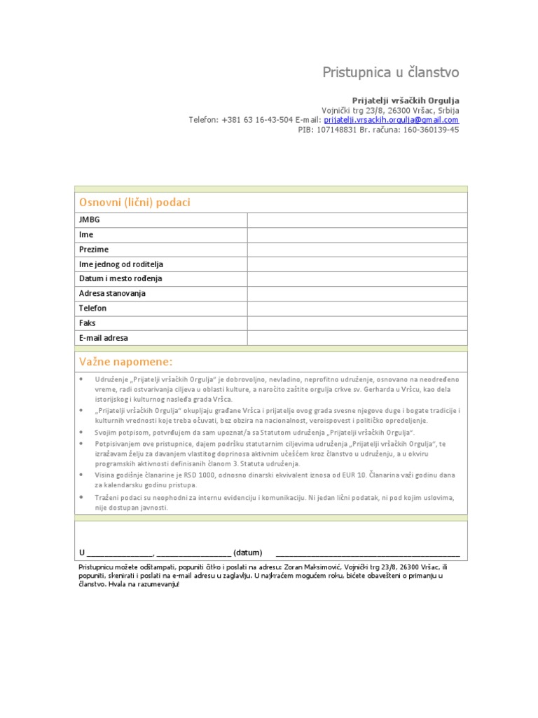 Pristupnica U Članstvo | PDF