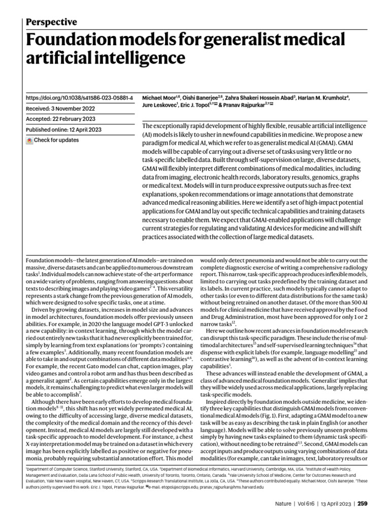 Foundation Models For Generalist Medical Artificial Intelligence | PDF | Artificial Intelligence ...