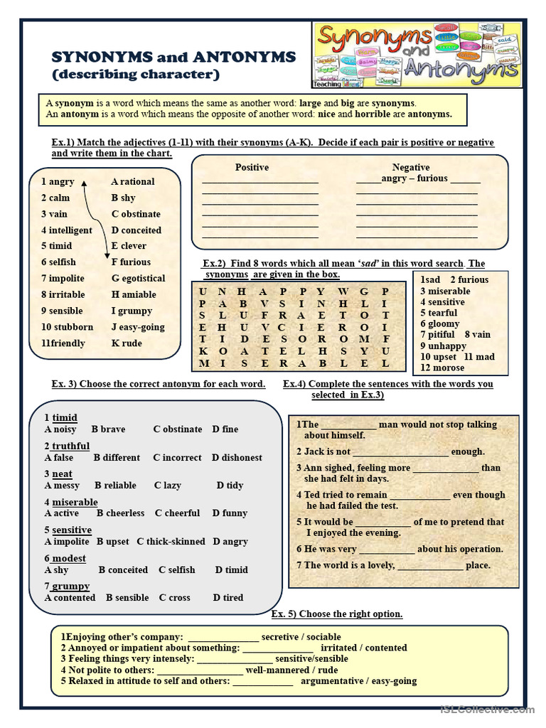 Synonyms and Antonyms (Describing Character) | PDF