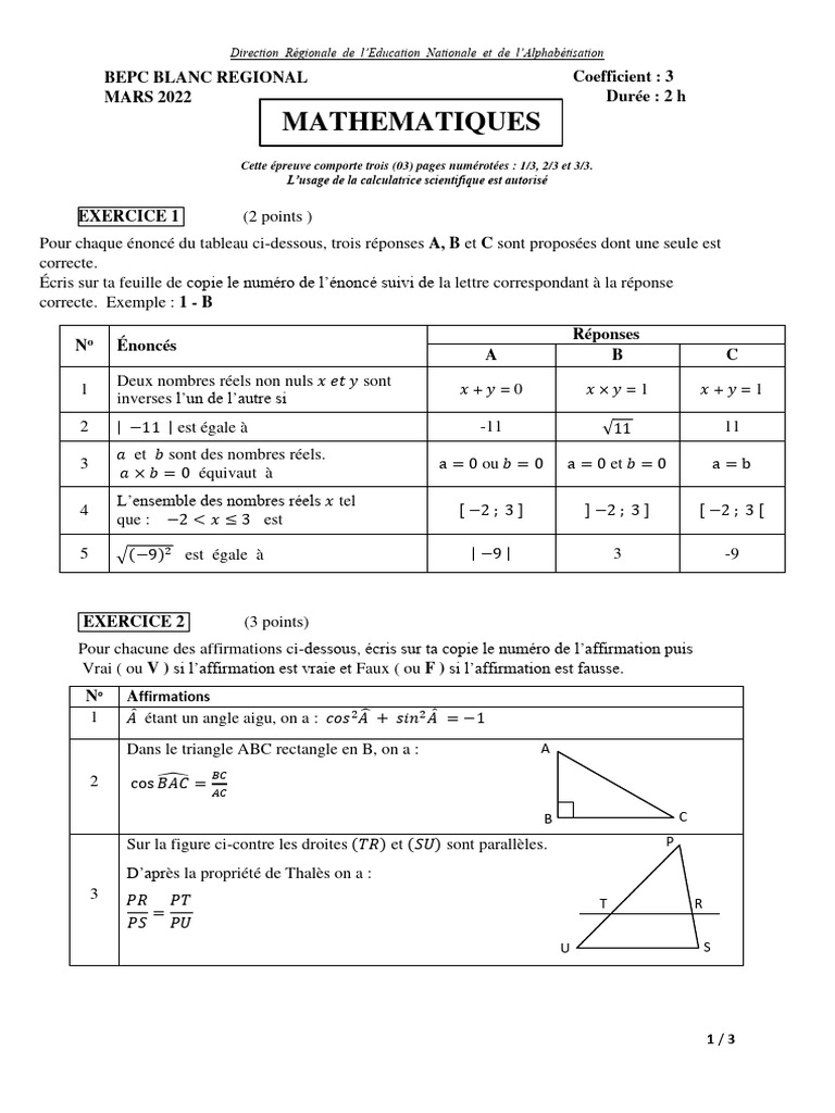 Sujet BEPC Blanc Mathématiques 2022 | PDF | Méthodes et références ...