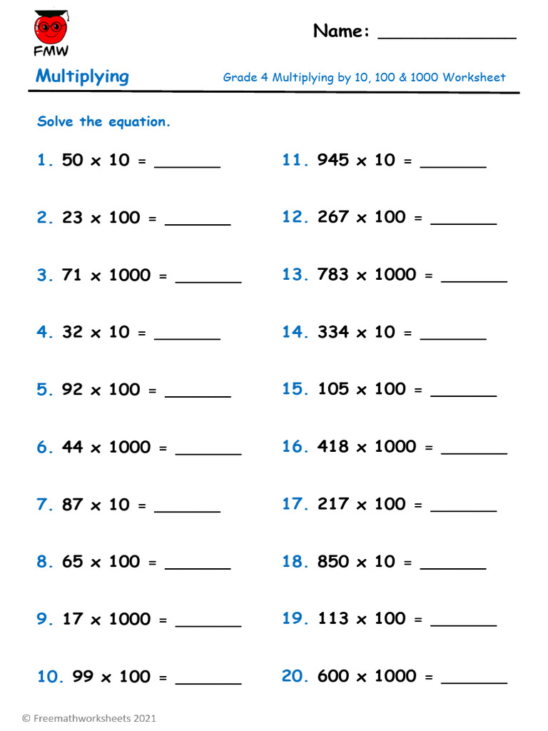Grade 4 Multiplying by 10 100 and 1000 Worksheet 5 | PDF | Teaching ...