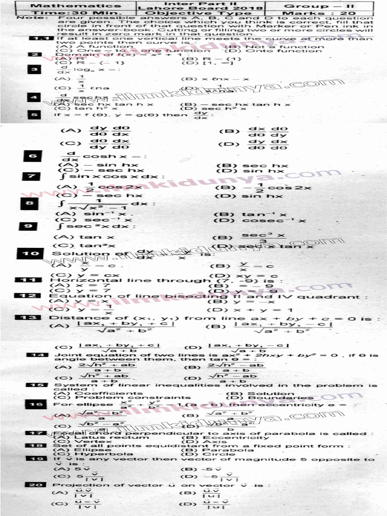 Past Papers Lahore Board 2018 Inter Part 2 Mathematics Group 2 English Objective | PDF