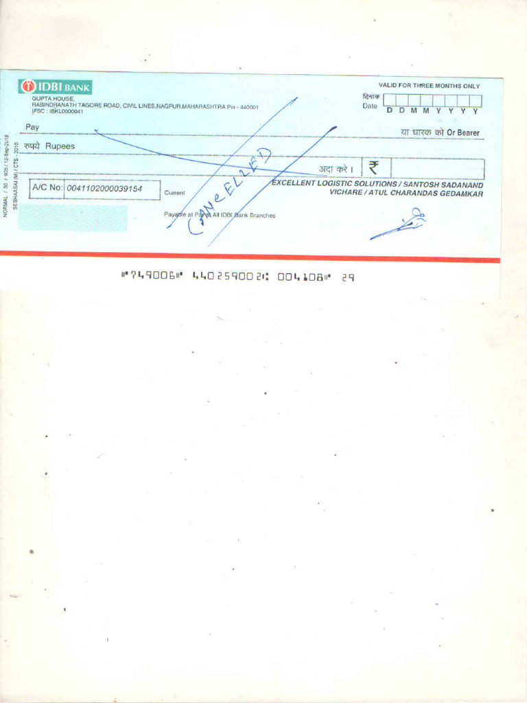 Cancelled Cheque (1) Idbi | PDF