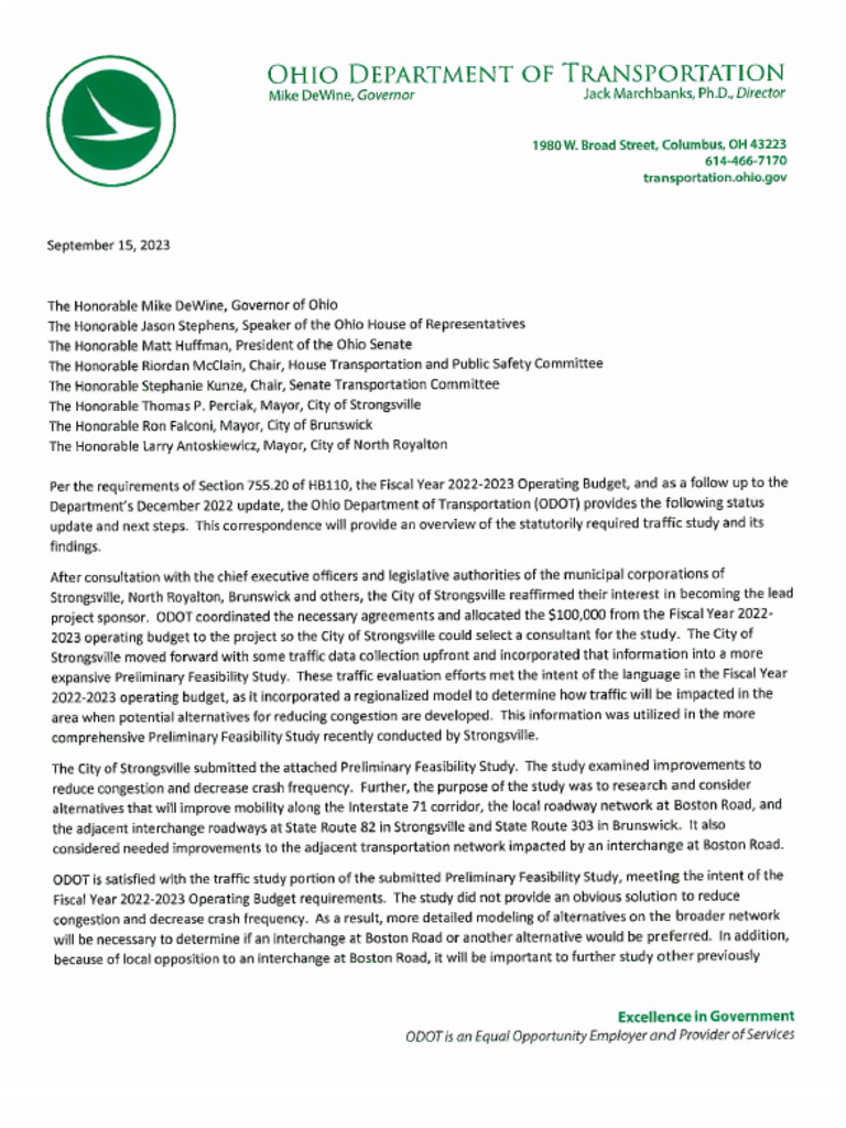 Ohio Department of Transportation Letter Re: I-71 Interchange | PDF