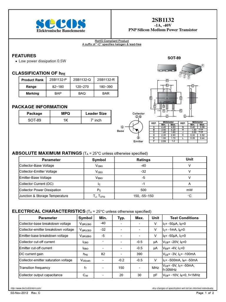 2SB1132 | PDF | Bipolar Junction Transistor | Manufactured Goods