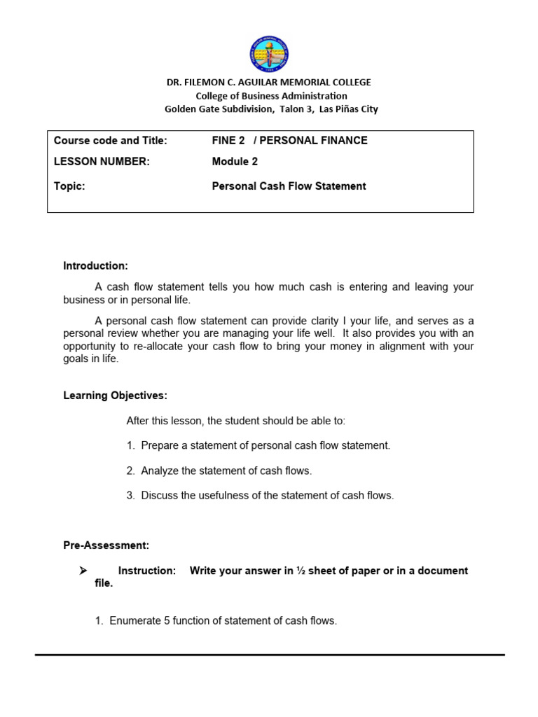 MODULE 2 - Personal Cash Flow Statement | PDF | Cash Flow Statement | Cash