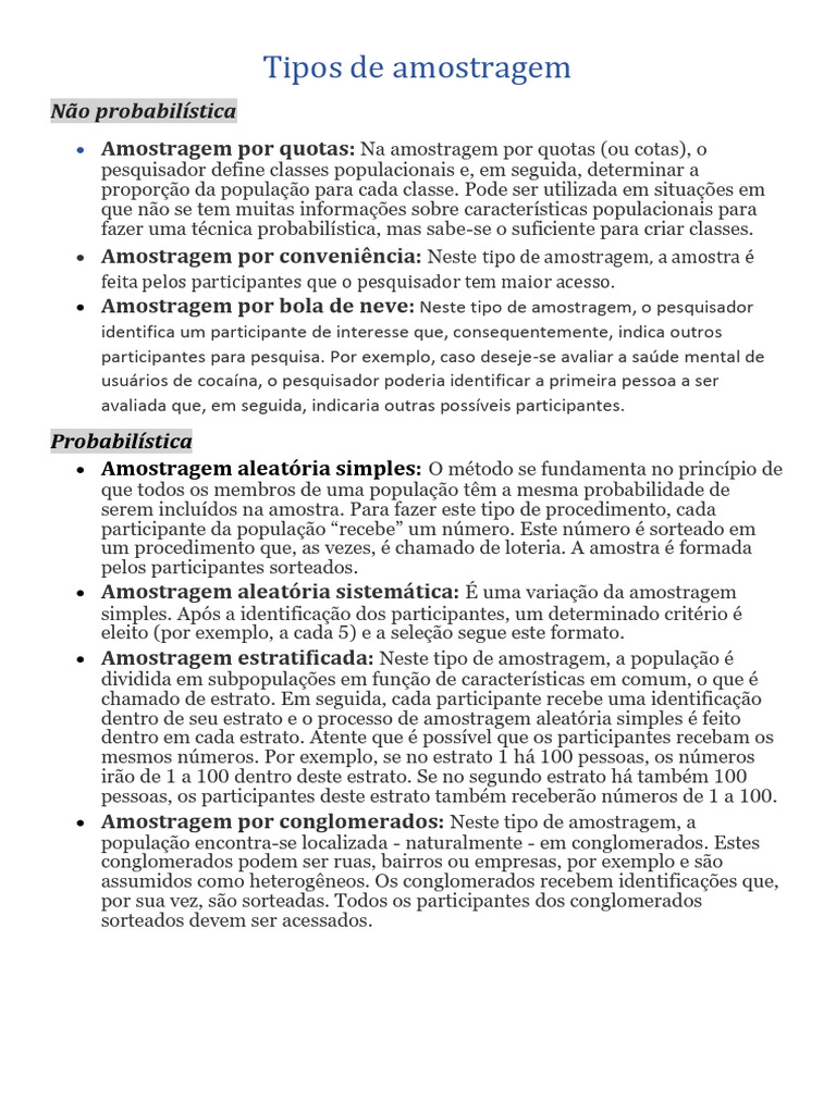 Tipos de Amostragem | PDF | Amostragem (Estatística) | Probabilidade