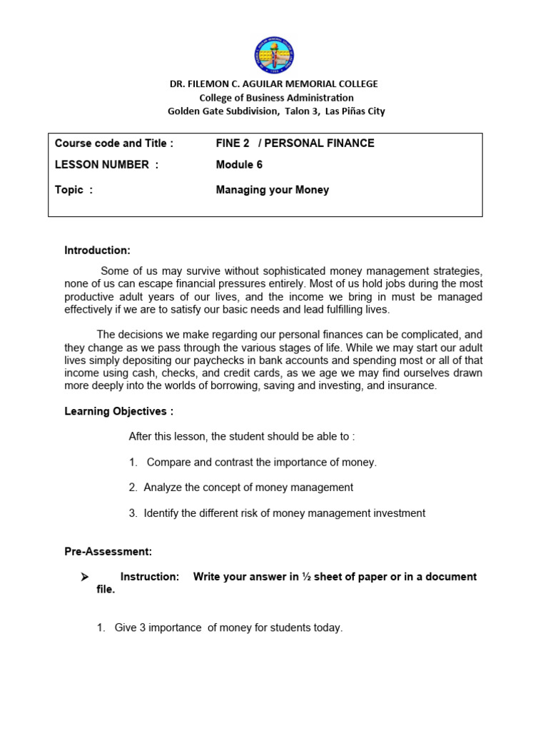 Module 6 Money Management | PDF | Transaction Account | Money Market Fund