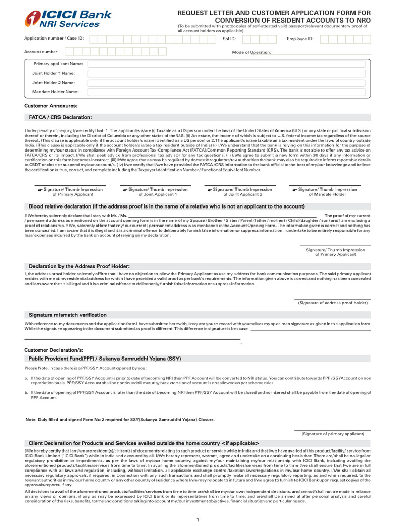 Request For Change of Existing Resident Account To Nro Account | PDF ...
