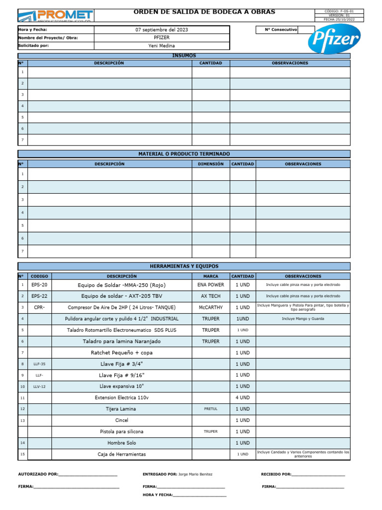 Formato Salida Equipos y Herramientas de Bodega Pfizer 07 Septiembre Cierre de Obra | PDF ...