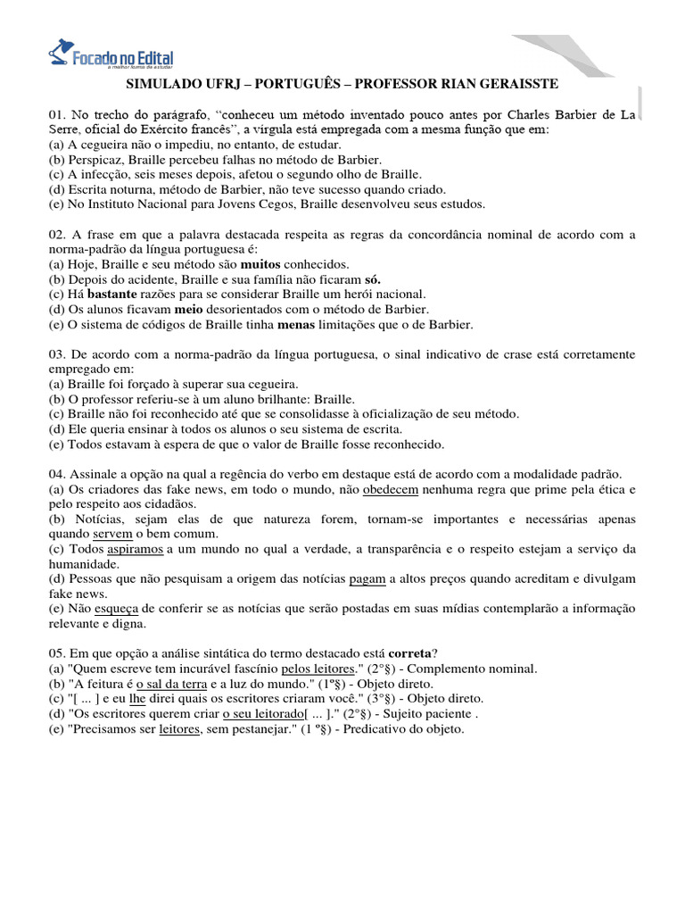 Simulado de Lingua Portuguesa UFRJ 30-08-23 | PDF | Moralidade | Sociedade