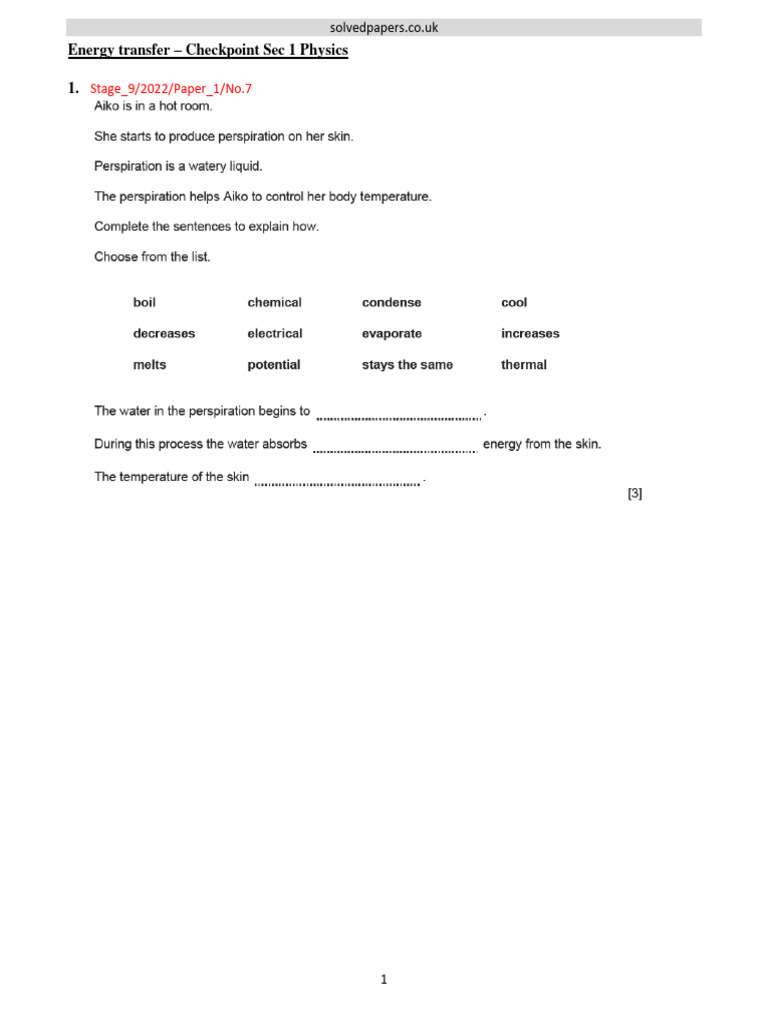 2022 14 Energy Transfer Checkpoint - Sec - 1 Physics Progression | PDF