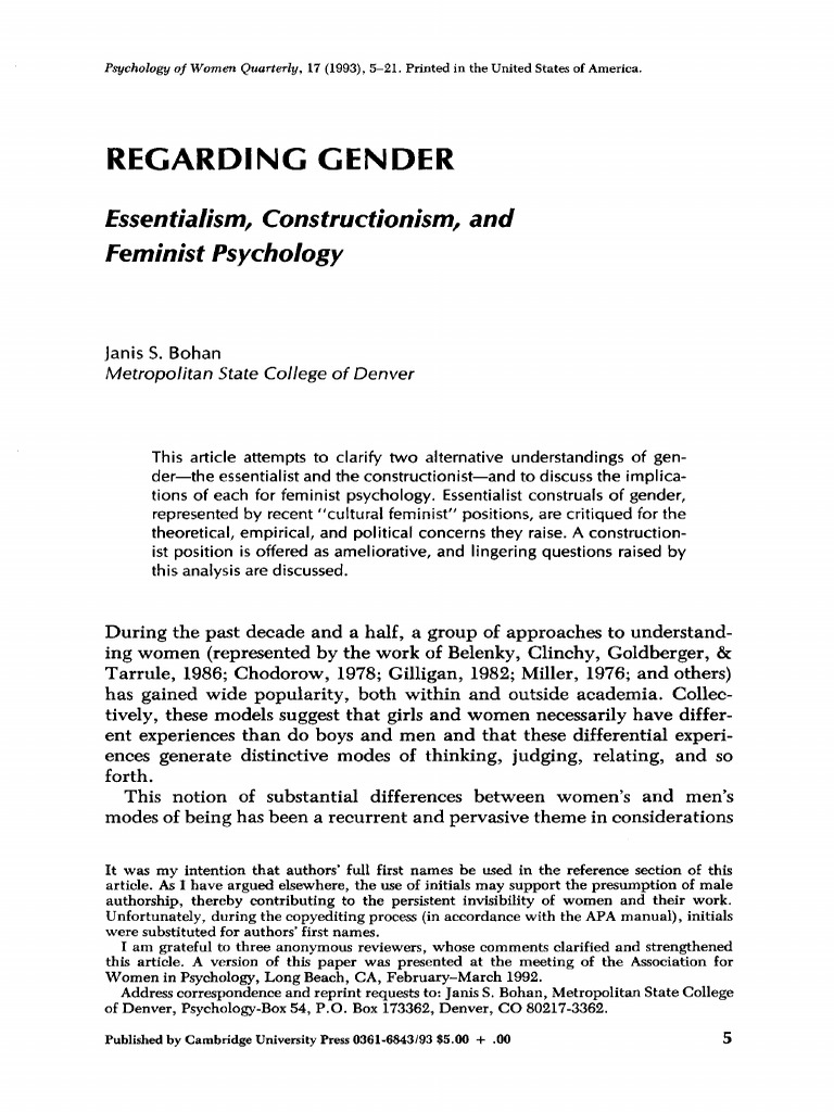 Janis S. Bohan 1993. Essentialism, Constructionism, And Feminist ...