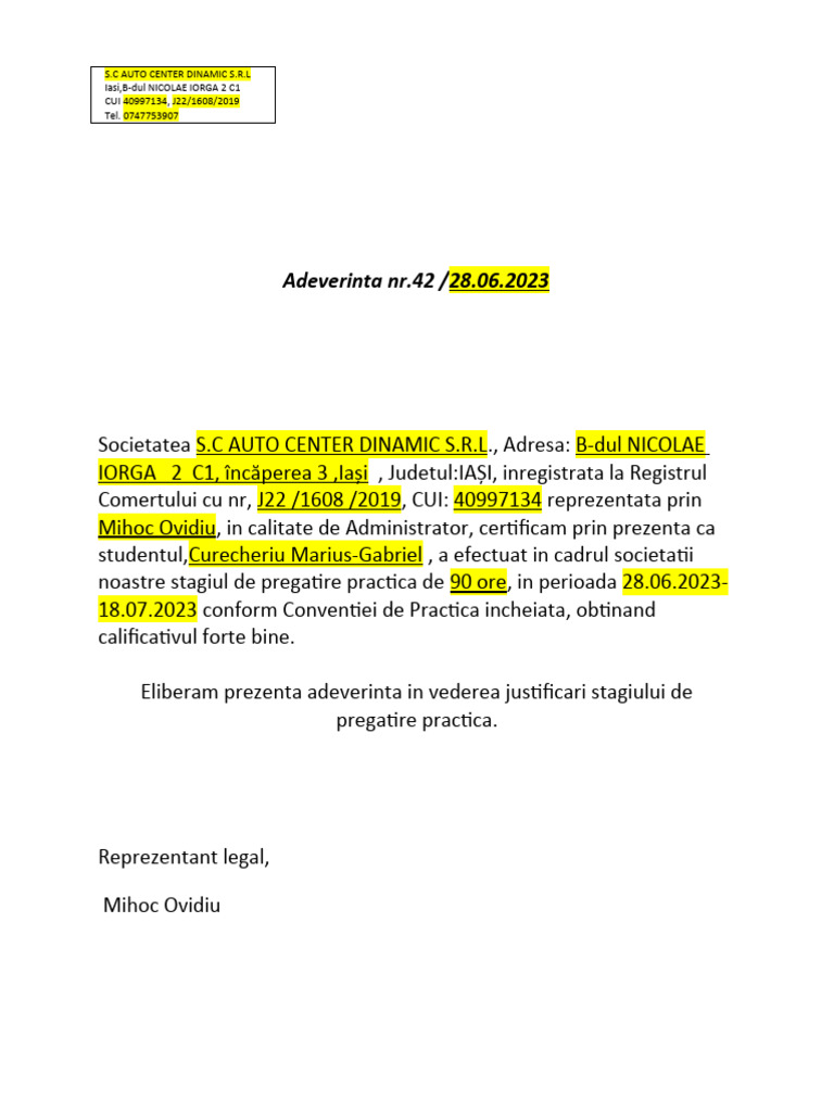 Adeverinta Practica 2023 | PDF