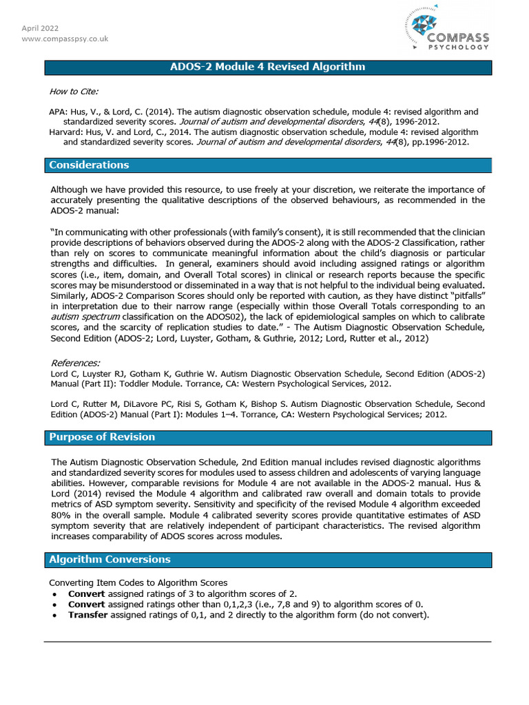ADOS-2 Module 4 Revised Algorithm Guide | PDF | Autism Spectrum ...