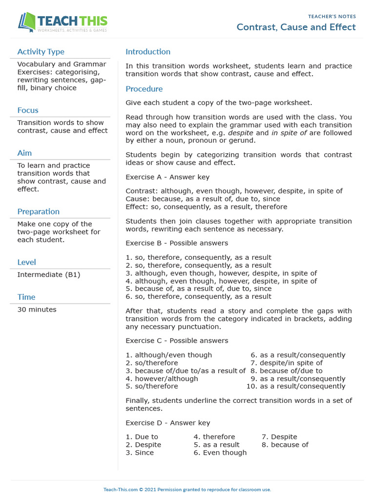 Transition Words: Contrast & Cause-Effect | PDF | Cost Of Living ...