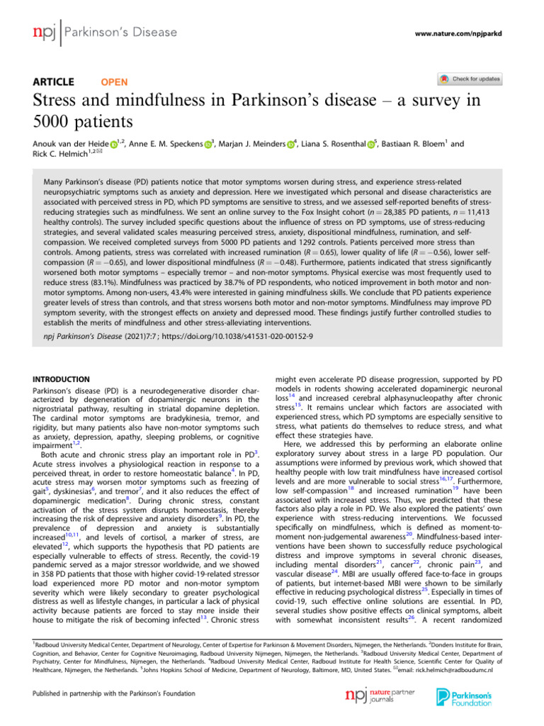 Stress and Mindfulness in Parkinson's Disease - A Survey in | PDF ... Stress and Mindfulness in Parkinson's Disease - A Survey in | PDF ...