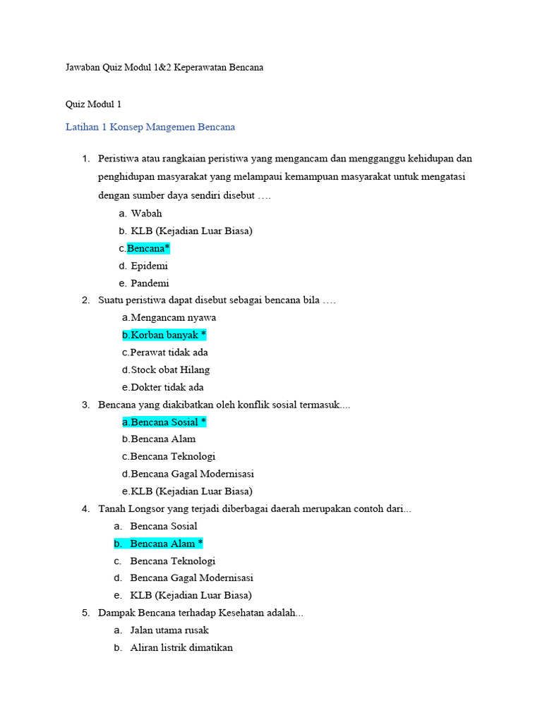 Quiz Modul 1 Dan 2 Keperawatan Bencana 4A | PDF
