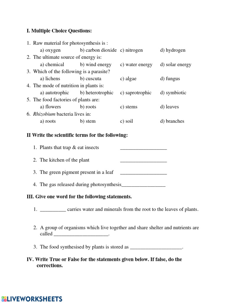 I. Multiple Choice Questions | PDF | Plants | Photosynthesis