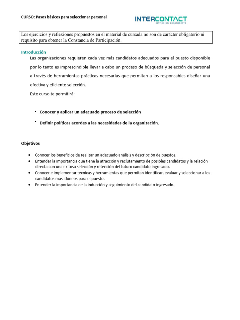 Curso Pasos Basicos para Seleccionar Personal Imprimible | PDF ...