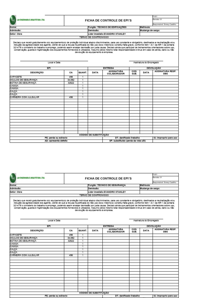 Ficha de Controle de EPI - POR FUNÇÃO - MODELO | PDF | Capacete