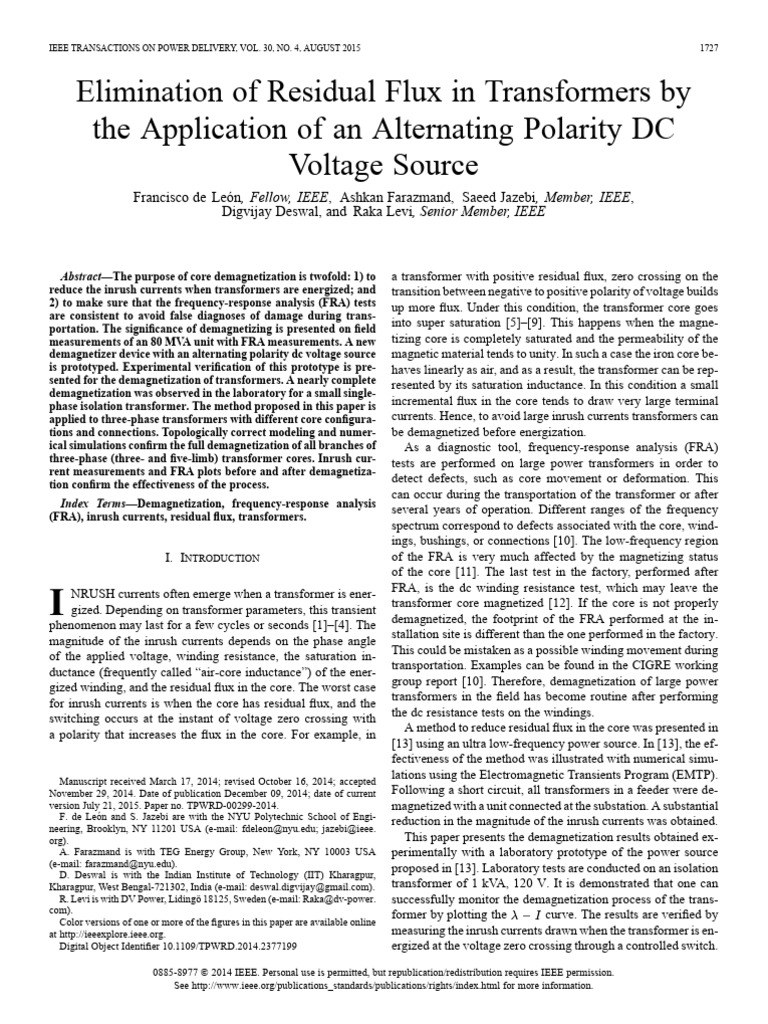 Elimination of Residual Flux in Transformers | PDF | Transformer | Inductance