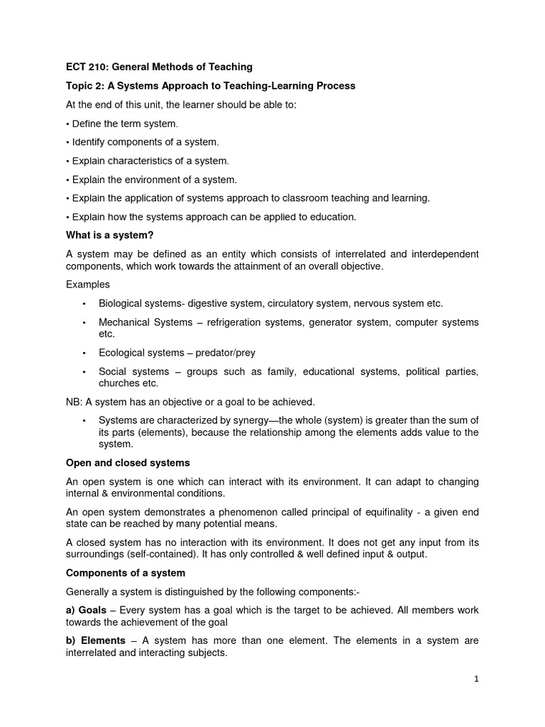 Ect 210 Lecture 2 Systems Approach To Teaching And Learning Oct 2022 1 Pdf System Teachers