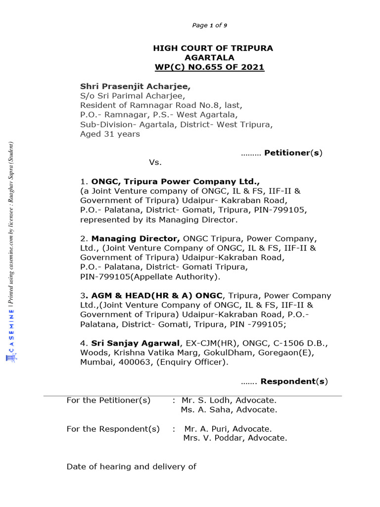 Hri Prasenjit Acharjee v. Ongc, Tripura Power Company | PDF | Writ | Certiorari