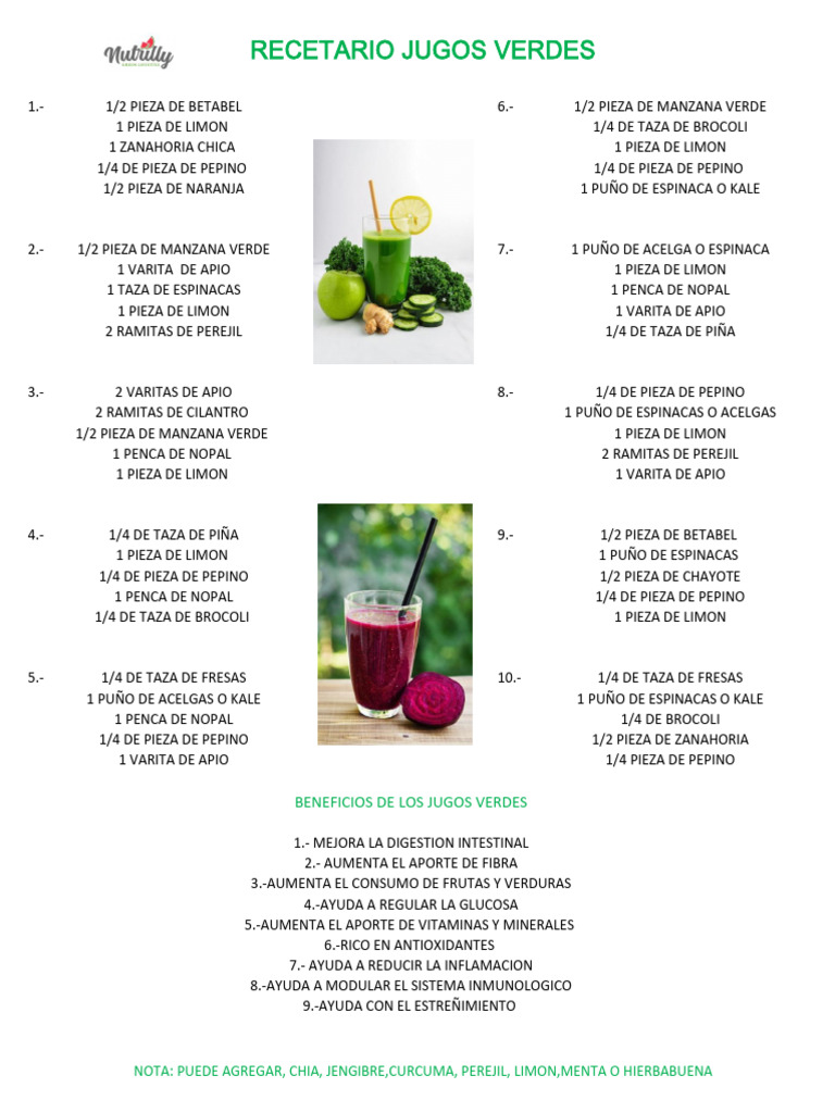 Recetario de Jugos Verdes | PDF | Apio | Cultivos