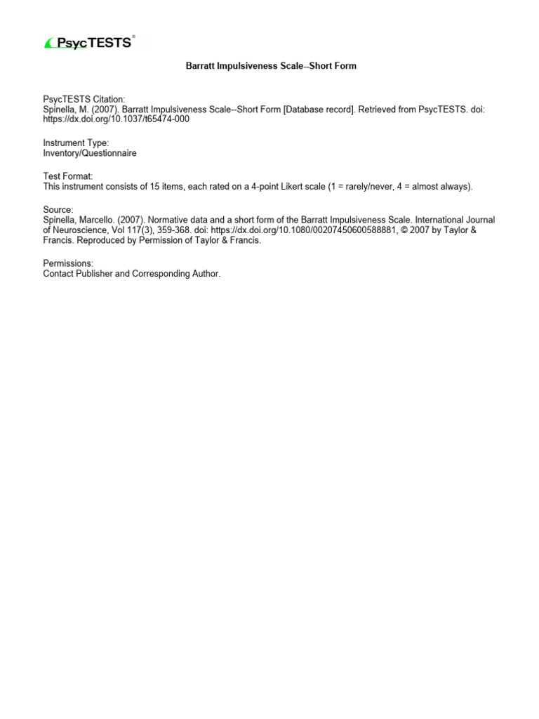 Baratt Impulsiveness Scale Short Term | PDF | Impulsivity | Cognitive ...