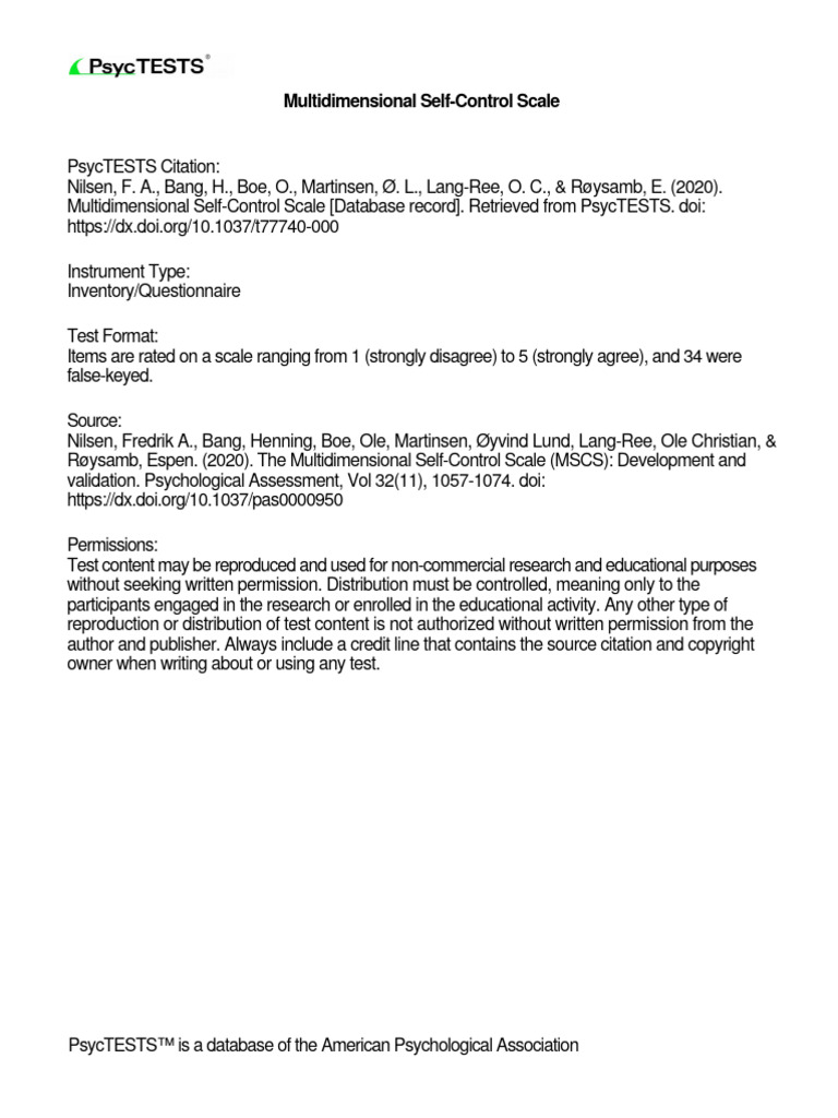 Multidimensional Self-Control Scale | PDF | Impulsivity | Psychology
