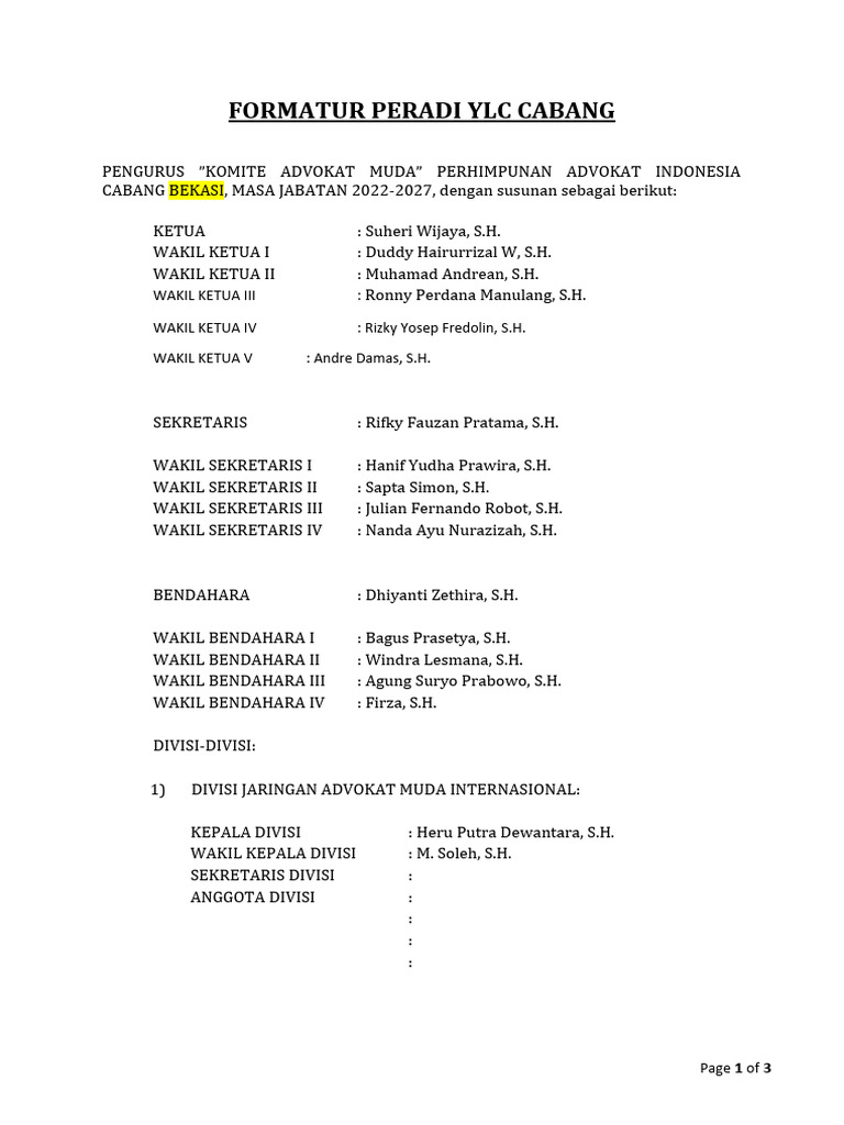 Formatur Peradi YLC Cabang-1 | PDF