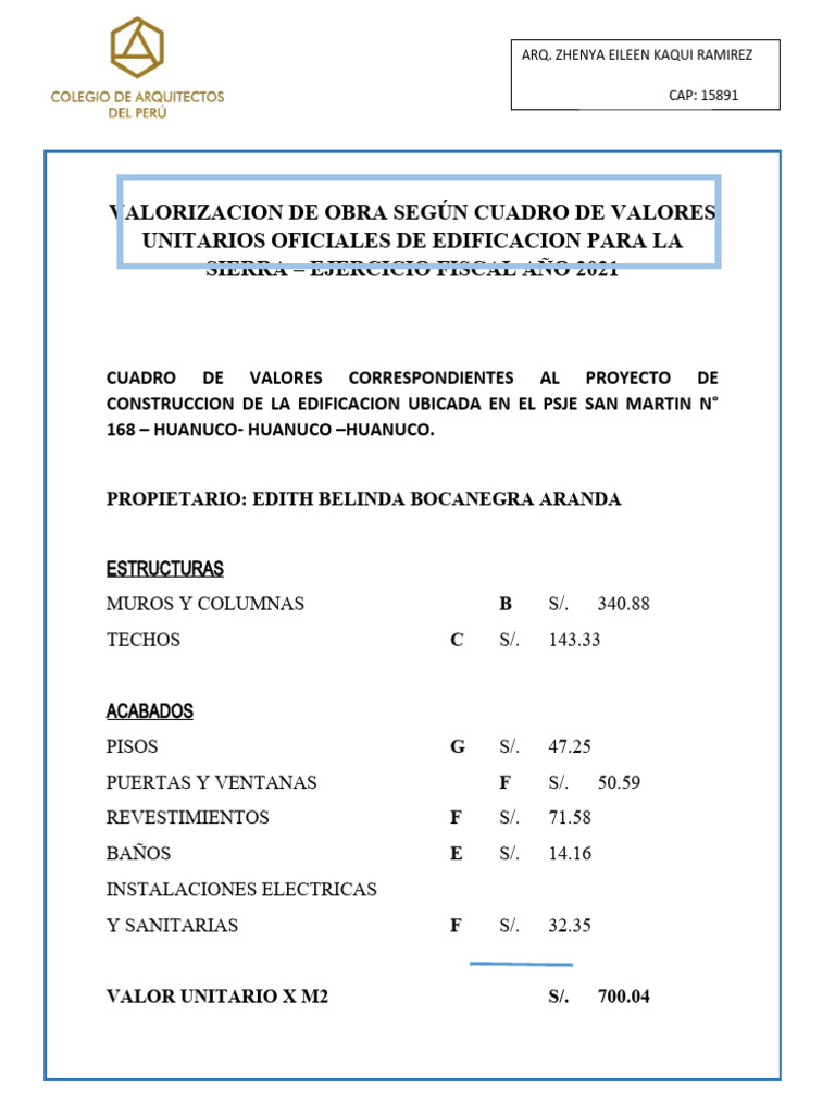 Valorizacion de Obra Según Cuadro de Valores Unitarios Oficiales de ...