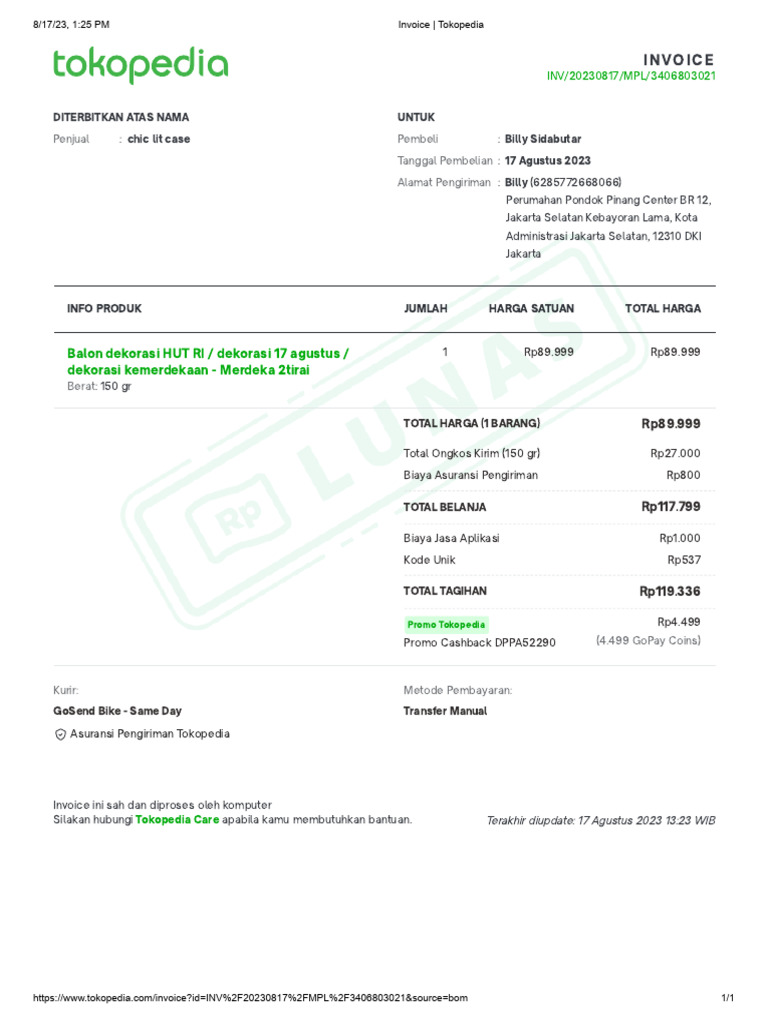 Invoice - Tokopedia | PDF