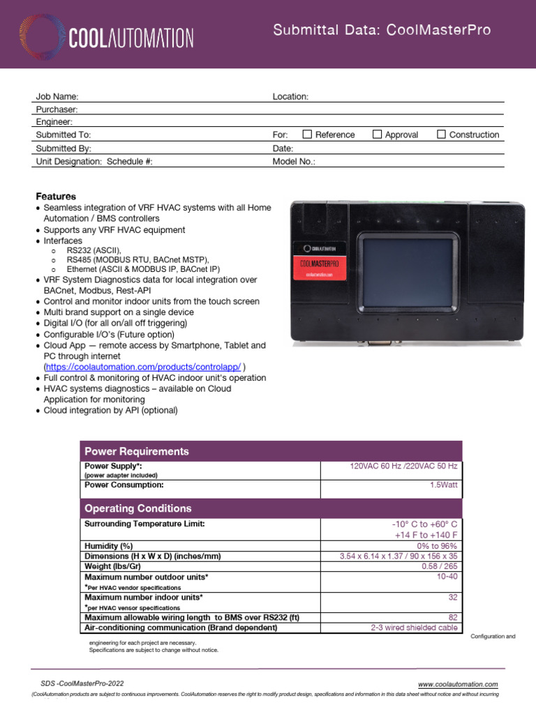 CoolMastePro Submittal Data-Sheet For The US Market | PDF | Cloud Computing | Manufactured Goods