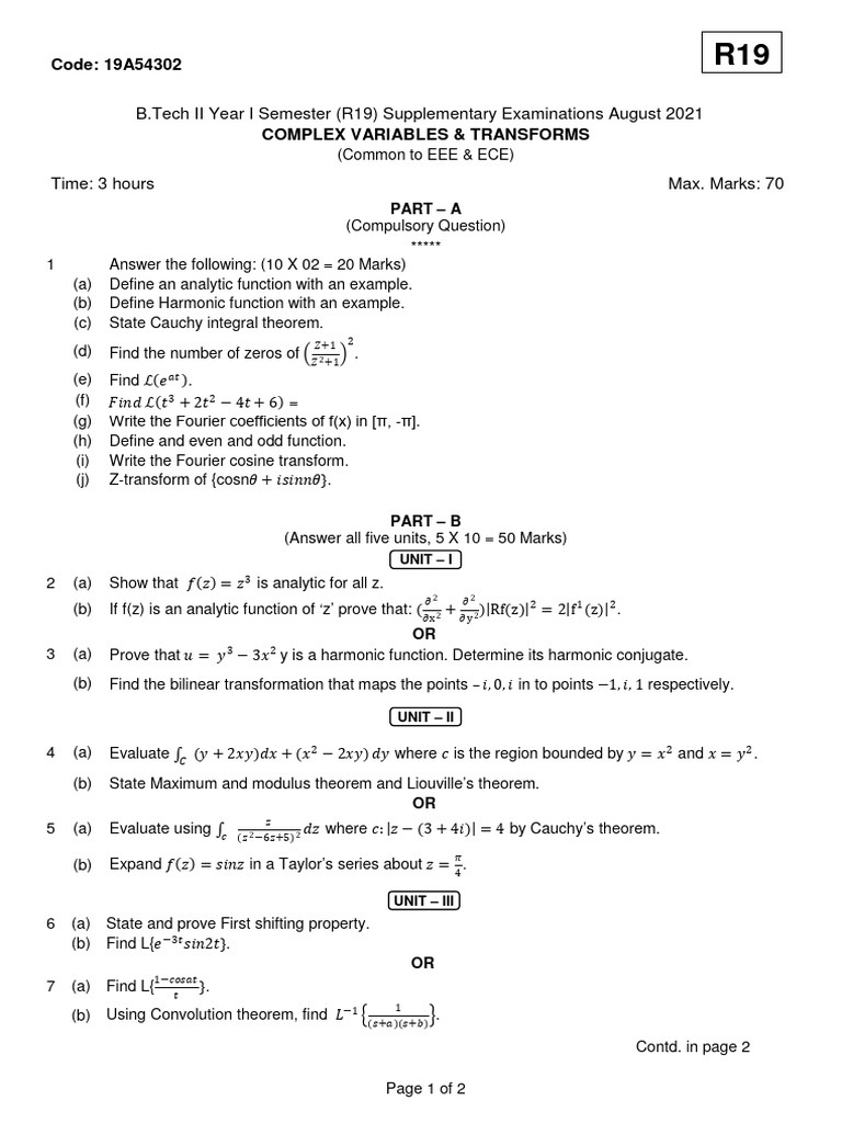 Complex Variable and Transform AUG 2021 | PDF | Laplace Transform | Fourier Transform
