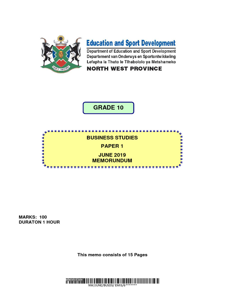 Grade 10 Business Studies Memo | PDF | Macroeconomics | Credit
