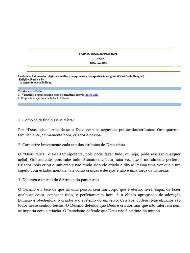 FICHA DE TRABALHO - Conceção Teísta de Deus | PDF