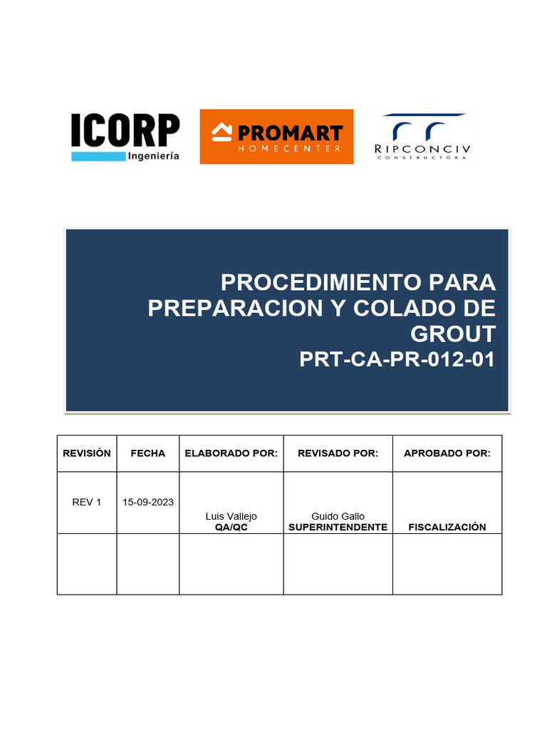 Procedimiento de Preparación y Colado de Grout | PDF | Seguridad y salud ocupacional | La seguridad