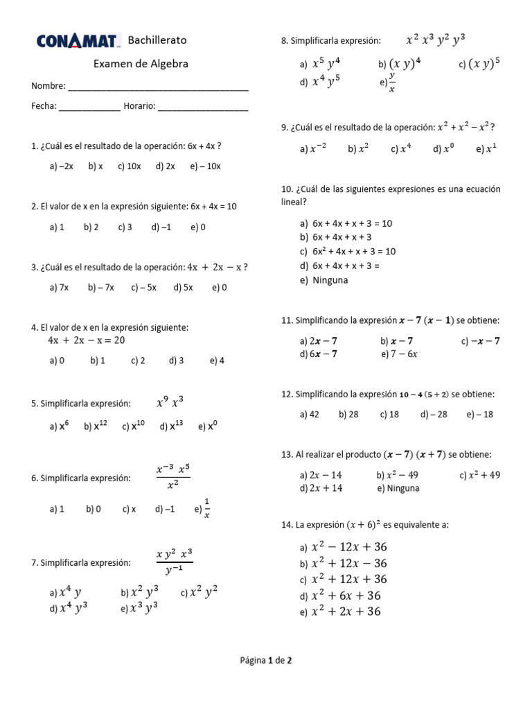Examen Algebra Basico v1 | PDF | Matemáticas | Álgebra