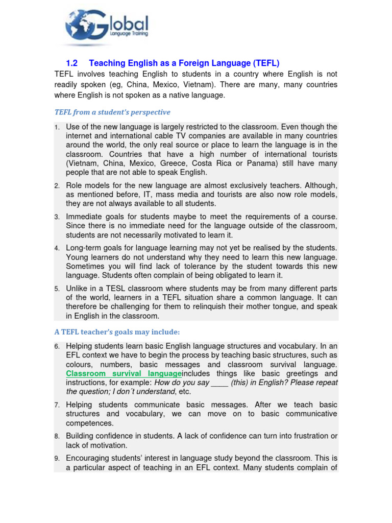 Teaching English As A Foreign Language (TEFL) | PDF | English As A ...