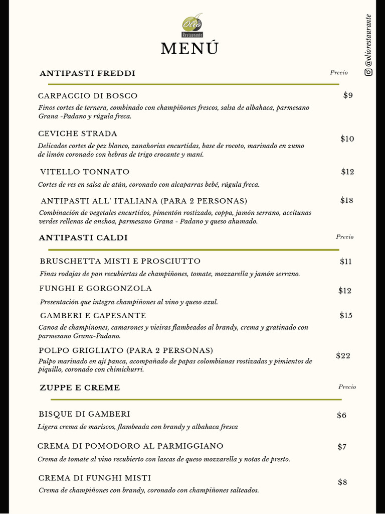 Menú Olio Restaurante | PDF