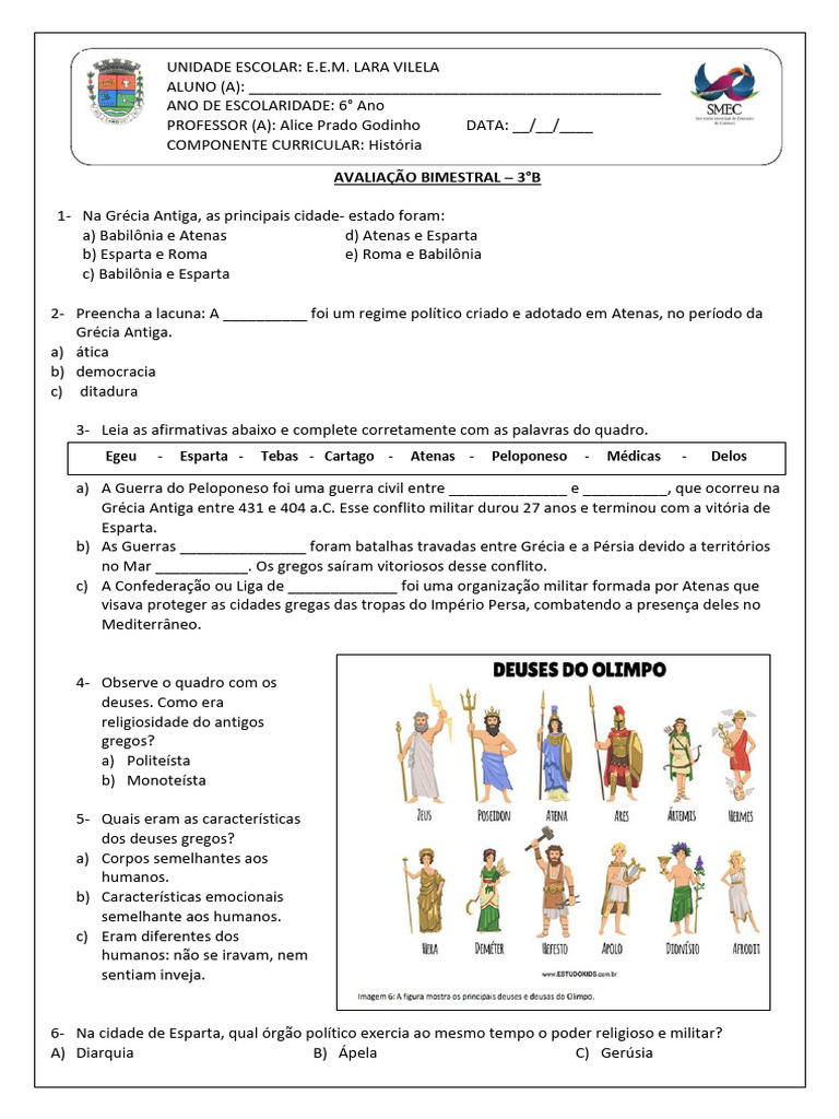 Aval 6ano Hist Alice 3b 2023 Adap | PDF | Grécia Antiga | Democracia