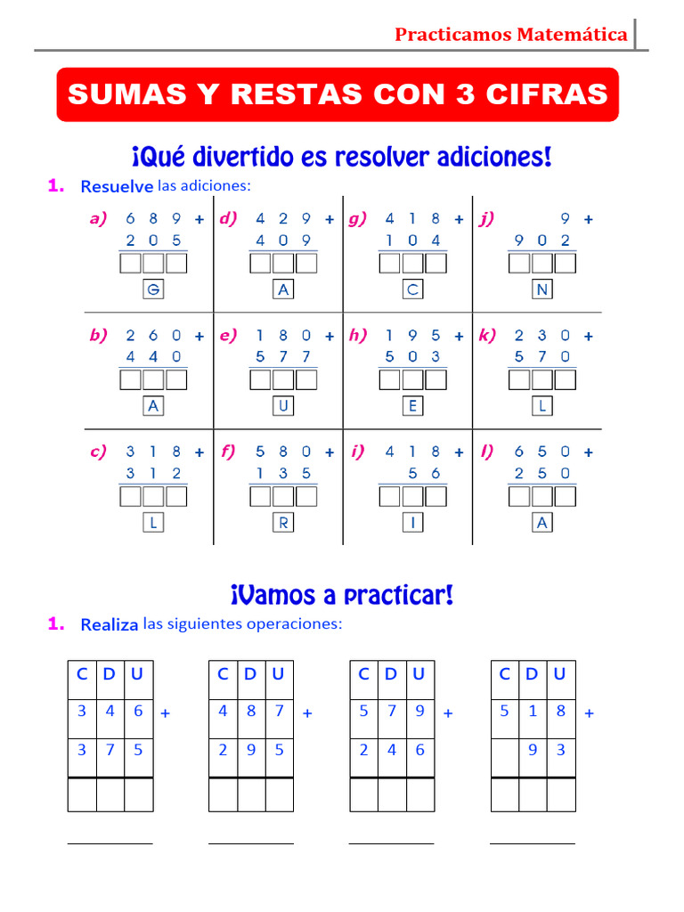 Adición y Sustracción Con 3 Cifras | PDF