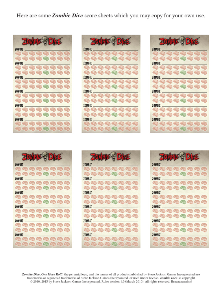 Zombie Dice Score Pad | PDF