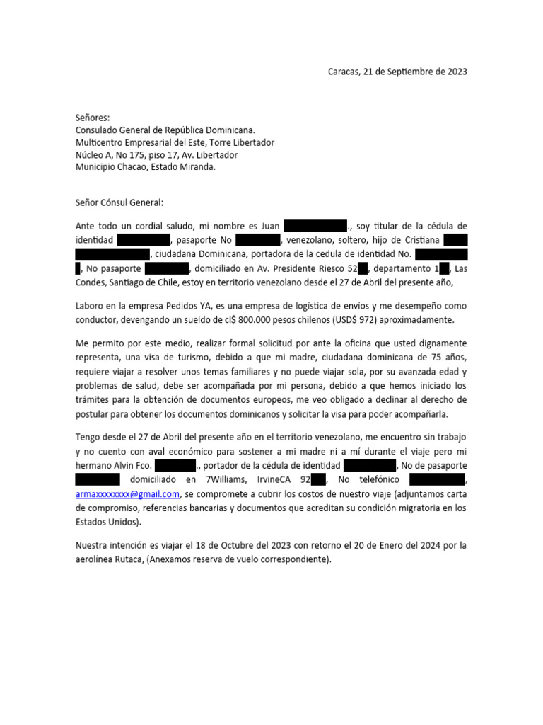 Carta de Solicitud de Visa para Subir | PDF