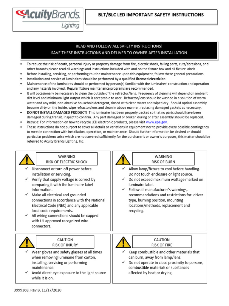 BLT LED Installation and Safety Guide | PDF | Lighting | Electrostatic ...