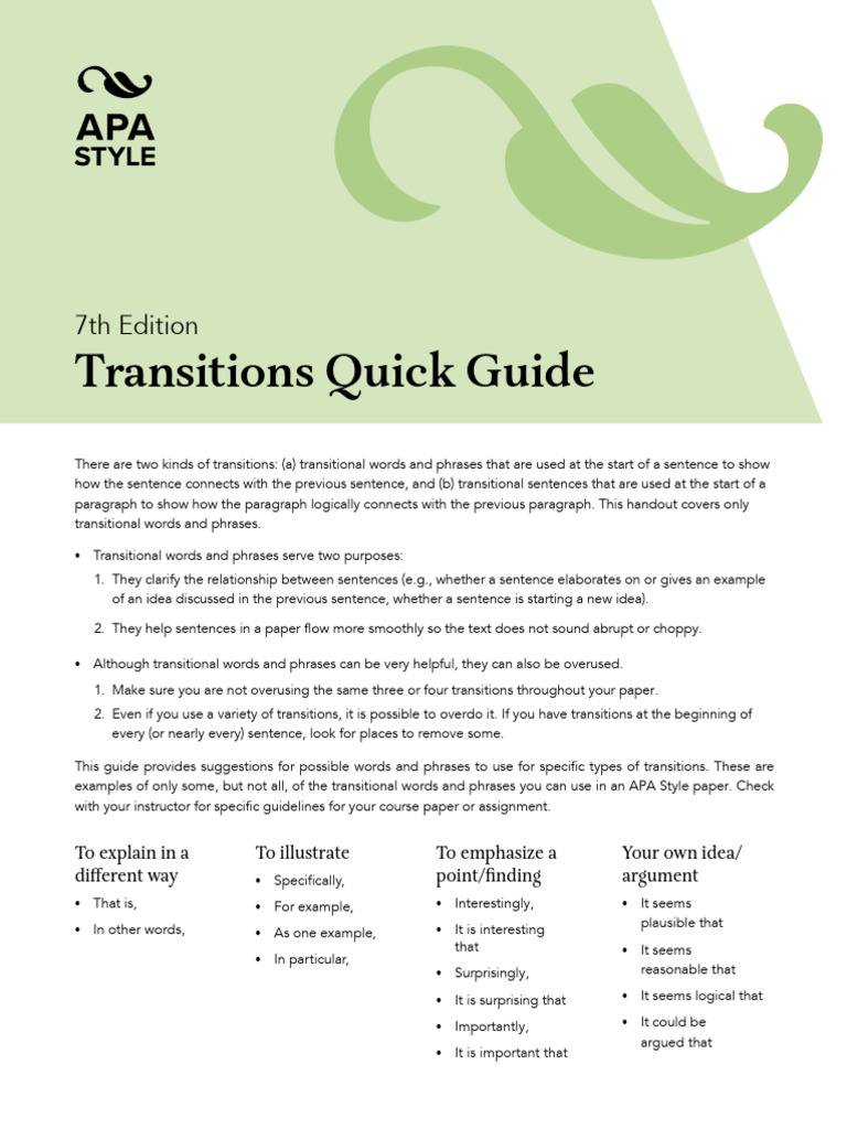 APA Style-7th Edition-Transitions Quick Guide | PDF | Phrase | Sentence ...