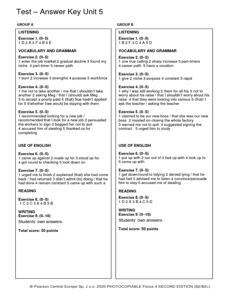 Focus4 2e Test Unit5 Answers | PDF